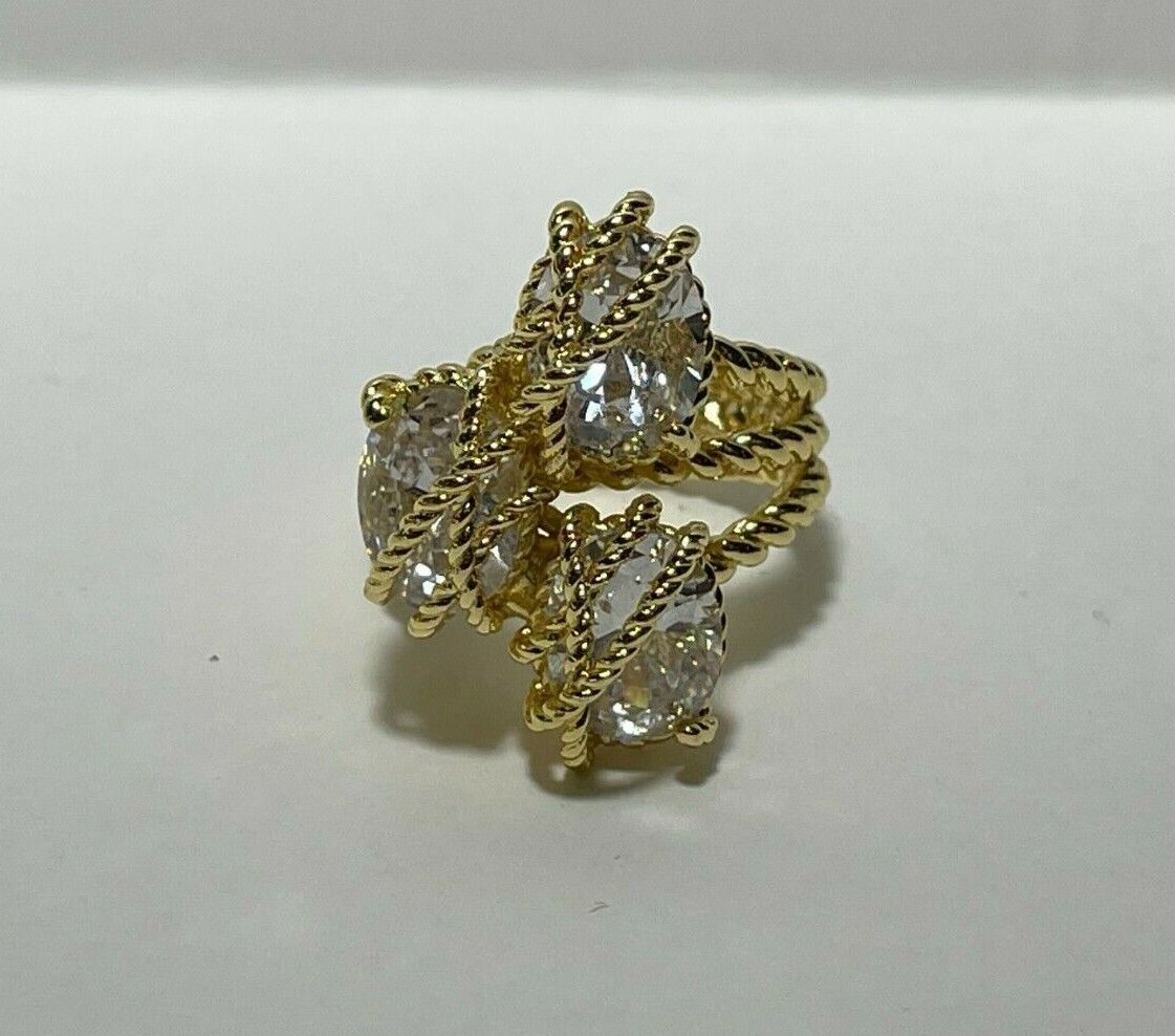 Triple White Crystal Stone and Triple Rope Style Band Gold Tone Ring ...