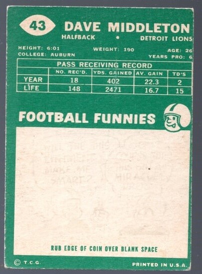 1960 Topps #43 Dave Middleton Detroit Lions | eBay