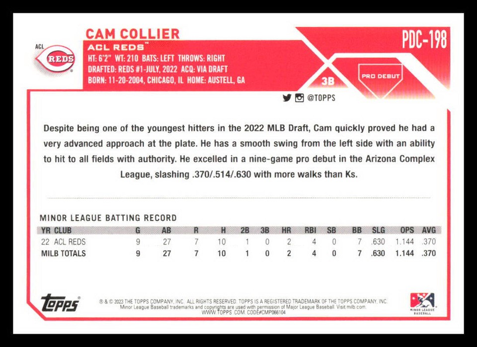 2023 Topps Pro Debut Chrome Cam Collier PDC-198 ACL Reds | eBay