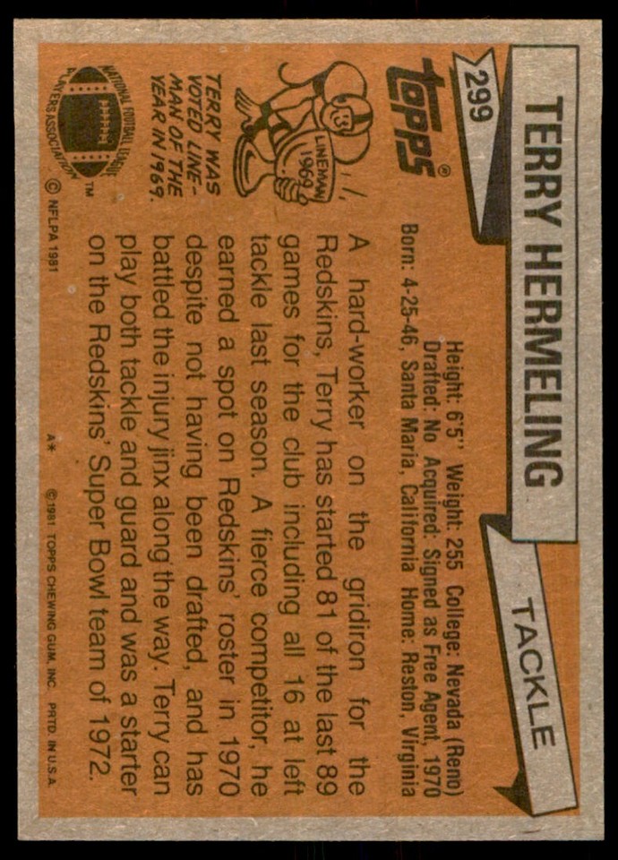 1981 TOPPS' TERRY HERMELING WASHINGTON REDSKINS #299 | eBay