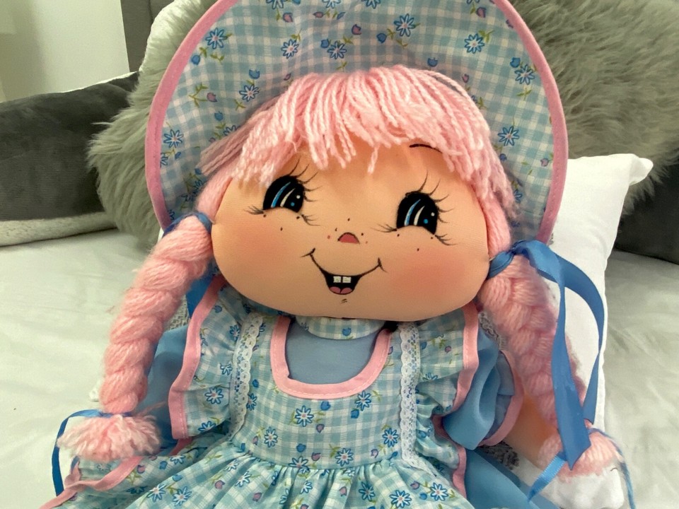 Classic Rag Doll Toy Blue Dress Pink Braids Hat Hand Made Soft 20 ...