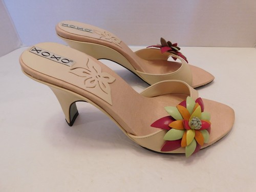XOXO LADIES BEIGE LEATHERMULTI-COLORED FLOWER SLIDE HEELS SIZE 36 / US ...