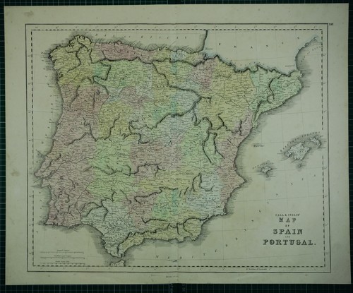 1850 LARGE ANTIQUE HAND COLOURED MAP ~ SPAIN & PORTUGAL BALEARIC MURCIA ...