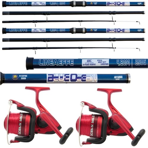 2 x 14FT Blue Beach Caster Sea Fishing Rod + 2 Ocean Master 70 Reels ...
