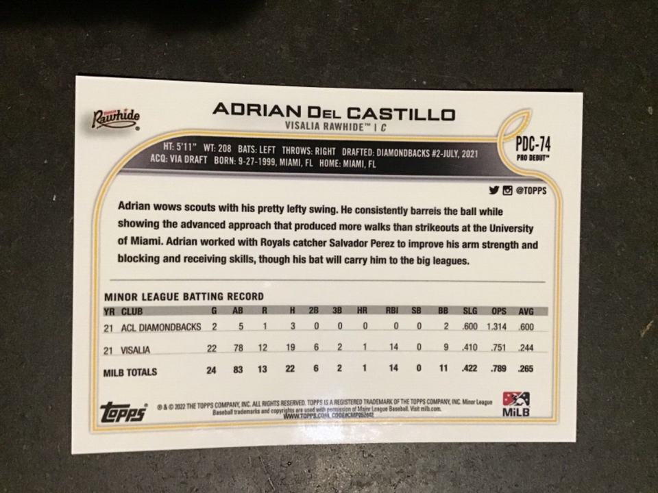 2022 Topps Pro Debut Adrian Del Castillo Chrome Base Card Arizona ...