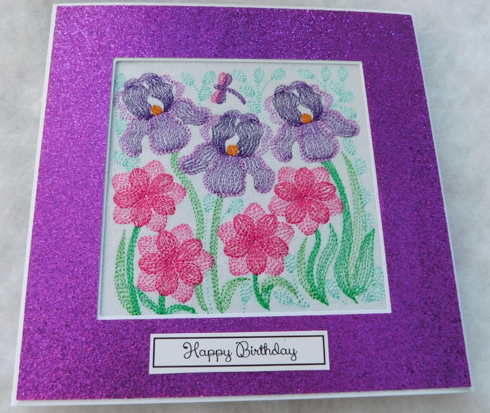 Birthday card machine embroidered handmade Iris & Flowers | eBay UK