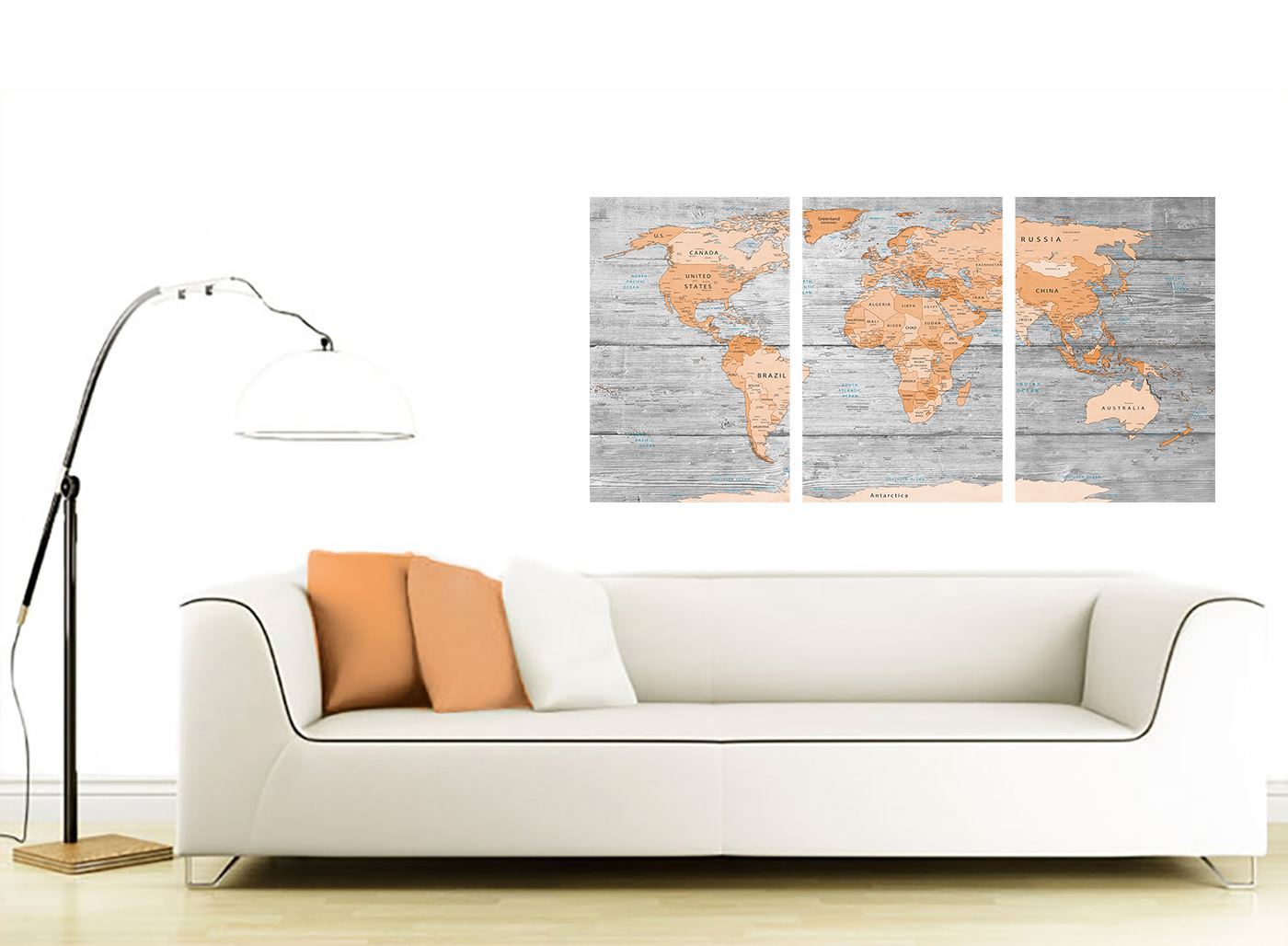 Large Orange Grey Map of World Atlas Canvas Wall Art Print - Multi 3 ...