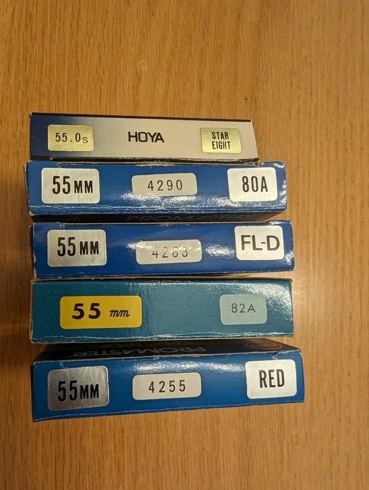55 mm filters Lot of 5: Red, 82A, FL-D, 80A & Star all w Protective ...