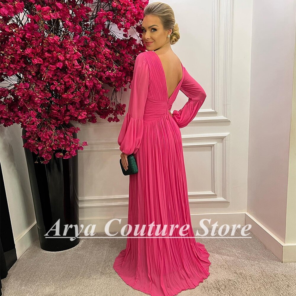 Fuchsia Chiffon A-Line Mother of the Bride Dresses V-Neck Pleats Long ...