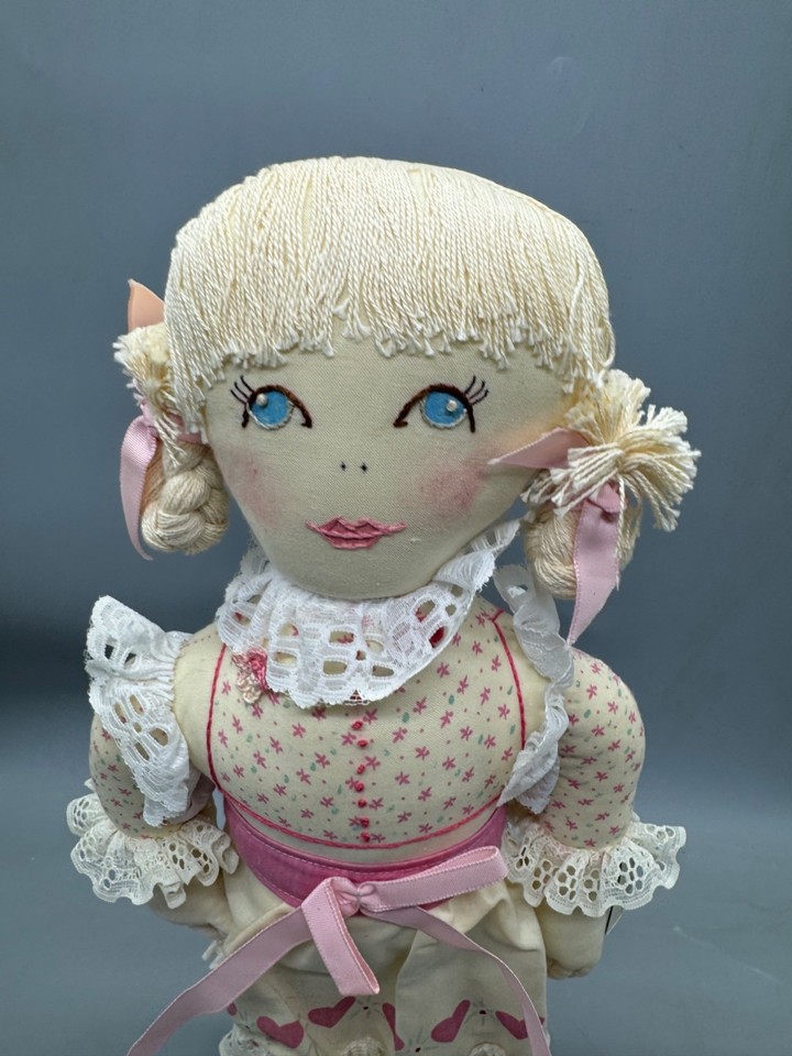 Handcrafted Cloth Rag Doll Blonde Yarn Hair Pink Dress Heart wood stand ...