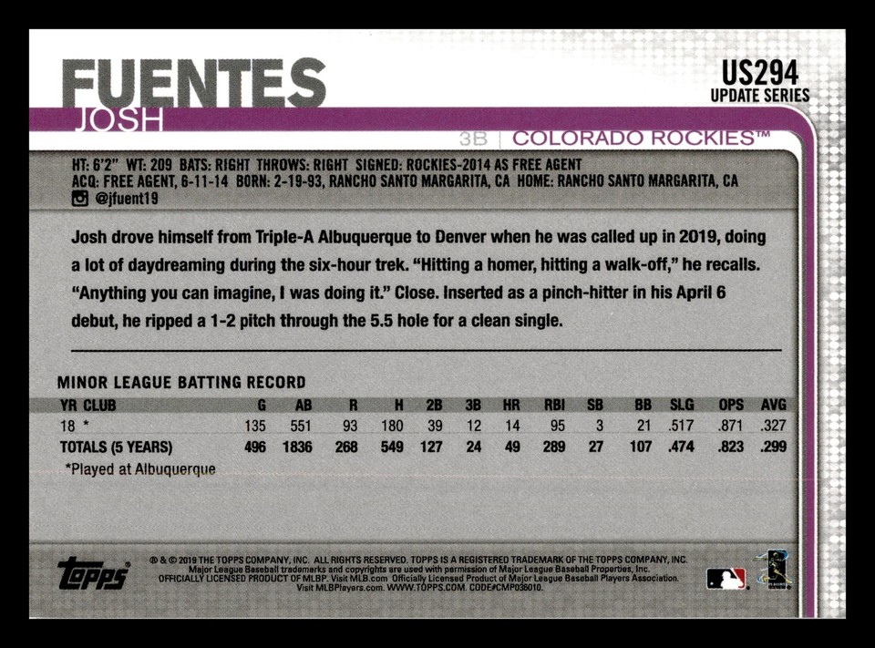 2019 Topps Update Josh Fuentes RC Rookie #US294 Colorado Rockies Mint ...