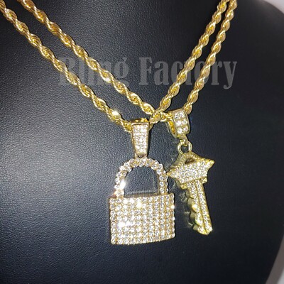 Hip Hop Iced Gold plated Lock & Key Pendant & 24" Rope Chain Bling ...
