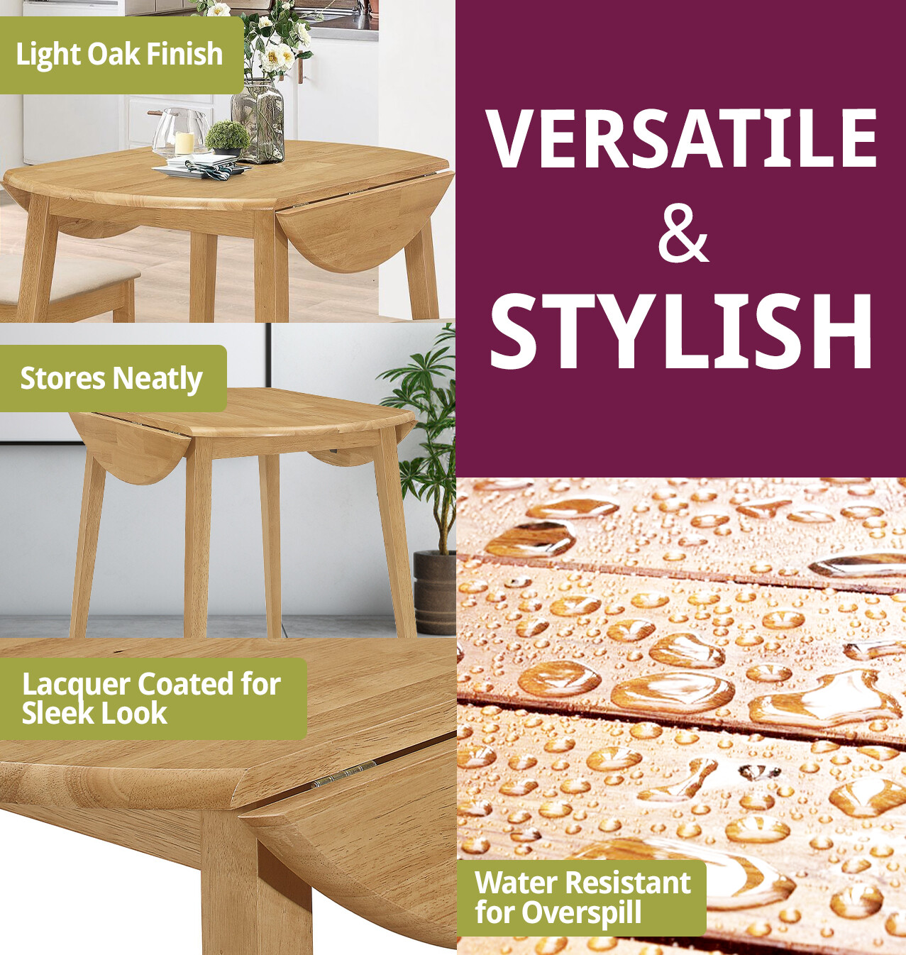 Dining Table, Small Solid Wooden Round Drop Leaf Kitchen Table in Oak ...