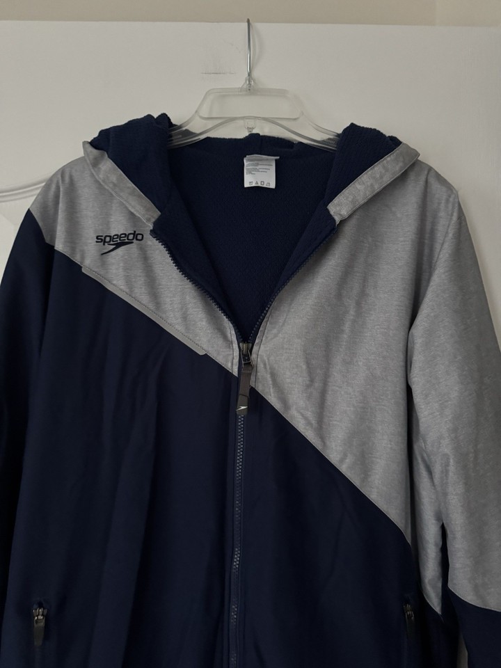 Speedo Swim Parka Fleece Lined Hooded Long Coat Jacket Navy Gray Size ...