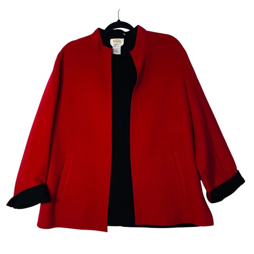 Talbots Women Red Wool Blend Cashmere Coat Black Trim Italian Fabric ...