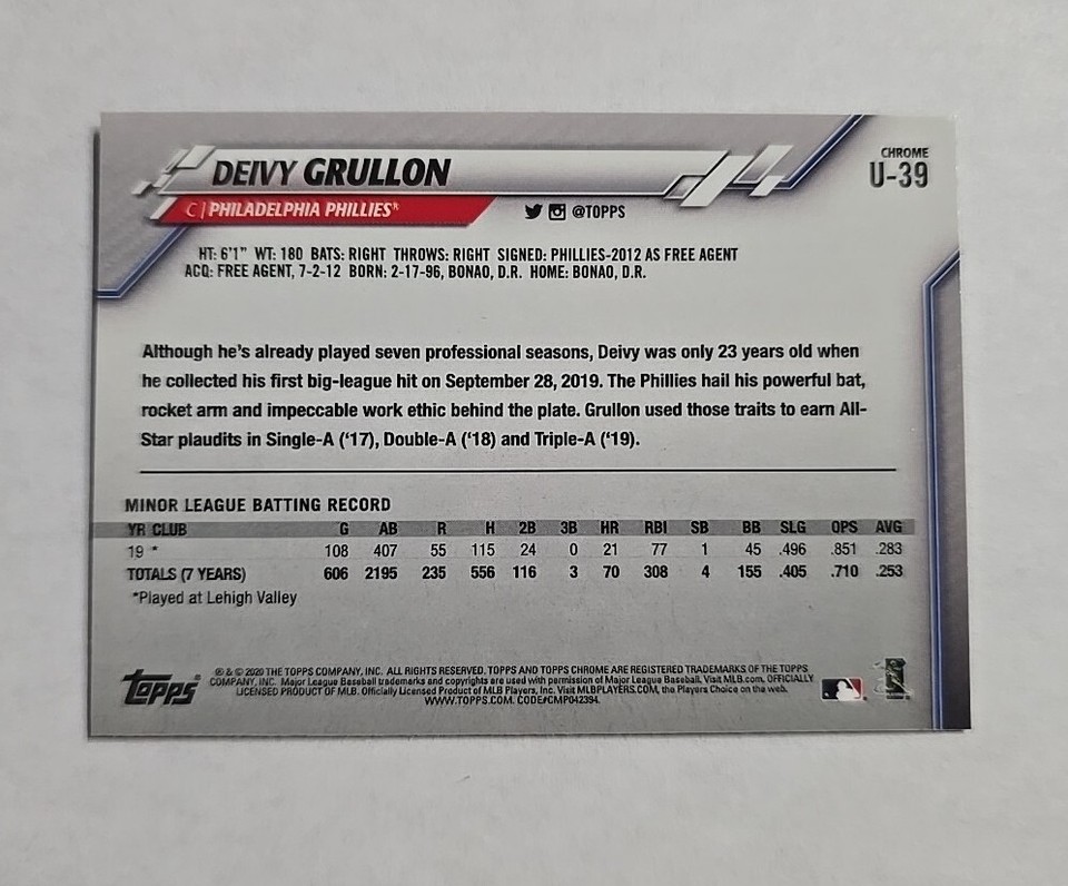 2020 Topps Chrome Update Deivy Grullon RC #U-39 Philadelphia Phillies ...