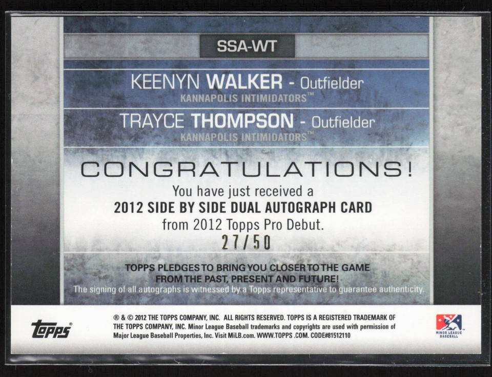 2012 Topps Pro Debut #SSA-WT Trayce Thompson / Keenyn Walker Gold SN50 ...