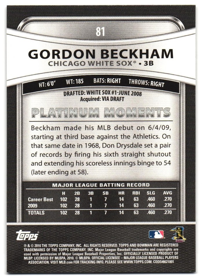 Gordon Beckham 2010 Bowman Platinum Card #87 Rookie | eBay