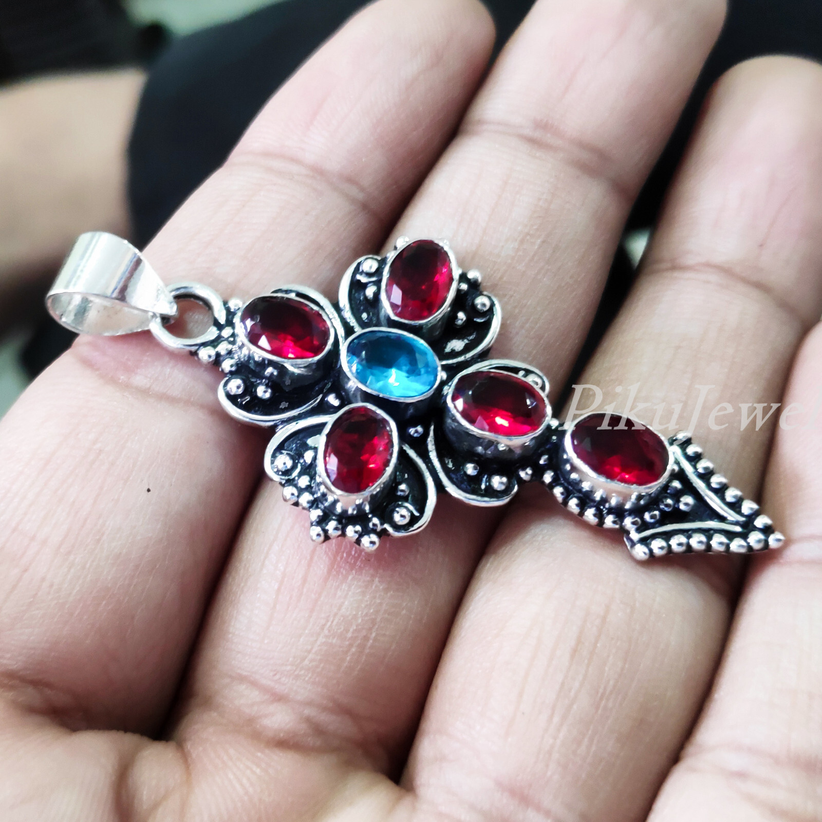 Faceted Red Garnet & Blue Topaz Gemstone 925 Sterling Silver Cross ...