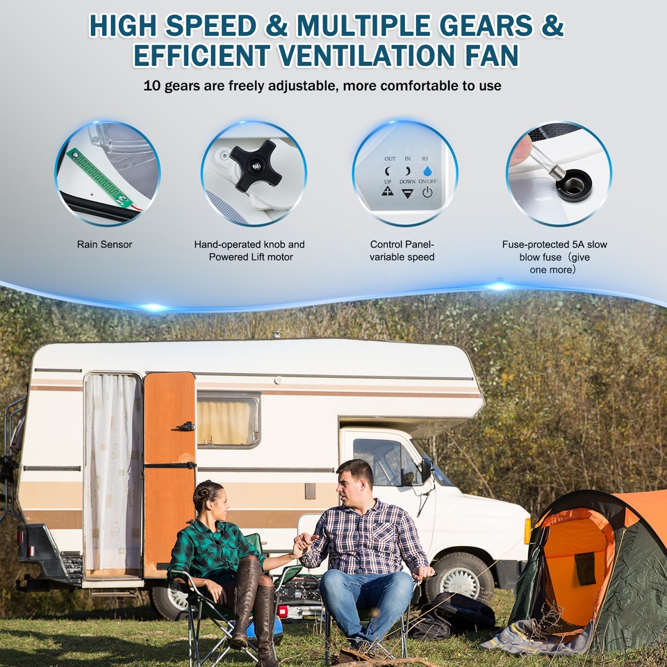 14” Electric Self Ventilating 12V Air/Rain Roof Vent Hatch Fan Caravan ...