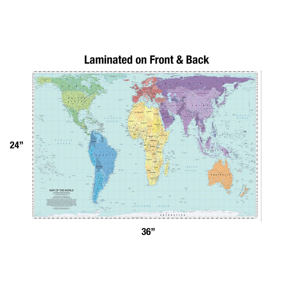 Updated Peters Projection World Map | Laminated 36" x 24” Map ...