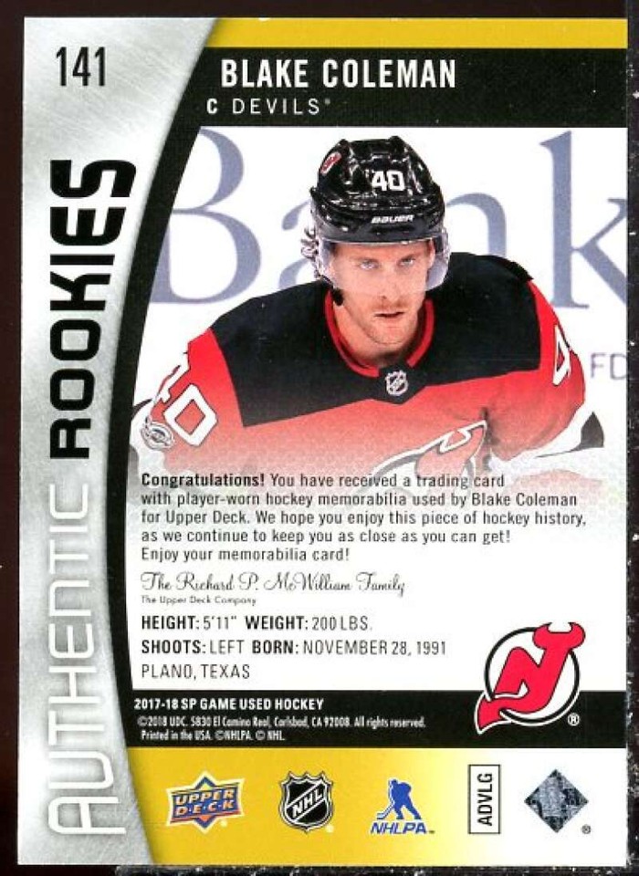 Blake Coleman JSY Card 2017-18 SP Game Used Gold #141 | eBay