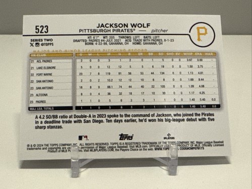 2024 Topps 582 Montgomery Club #523 Jackson Wolf RC Pittsburgh Pirates ...