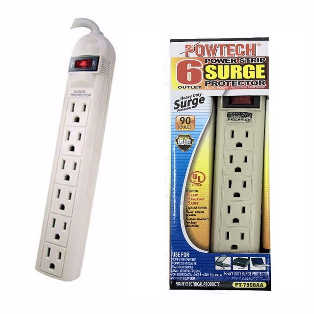 2 POWTECH PT 7898 AA 6 Outlet Plastic Surge Power Strip With 3 Foot ...