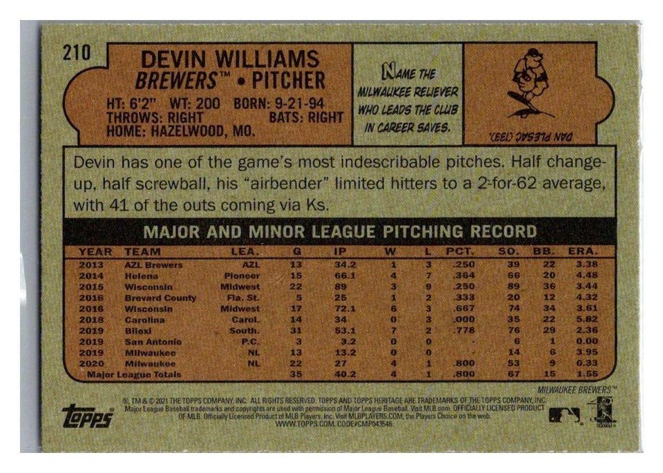 2021 Topps Heritage #210 Devin Williams | eBay