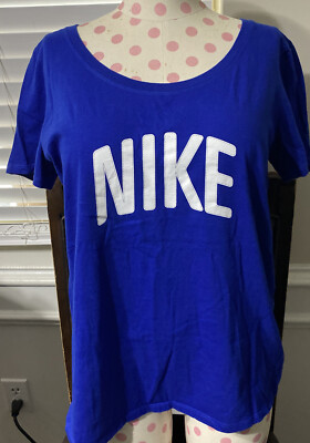 Nike Womens Shirt Medium Blue Spell Out Outdoors Graphic Tee Top Ladies ...