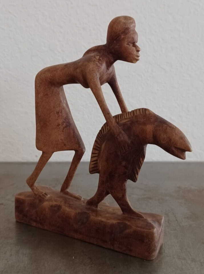 Hand Carved African Woman With Walking Fish Wood Sculpture 5.75" Tall ...