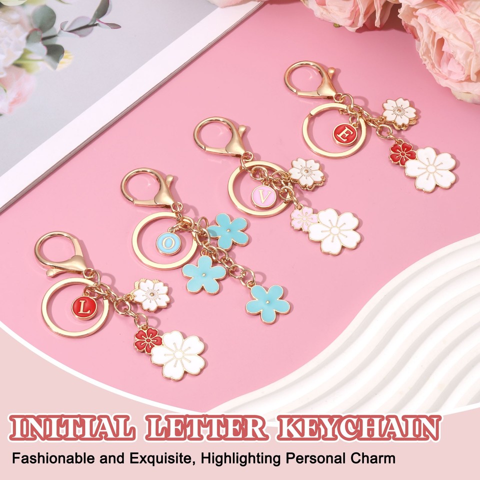 Initial Keychain Flower Charm Letter-V Key Chain Cute Cherry Blossom ...