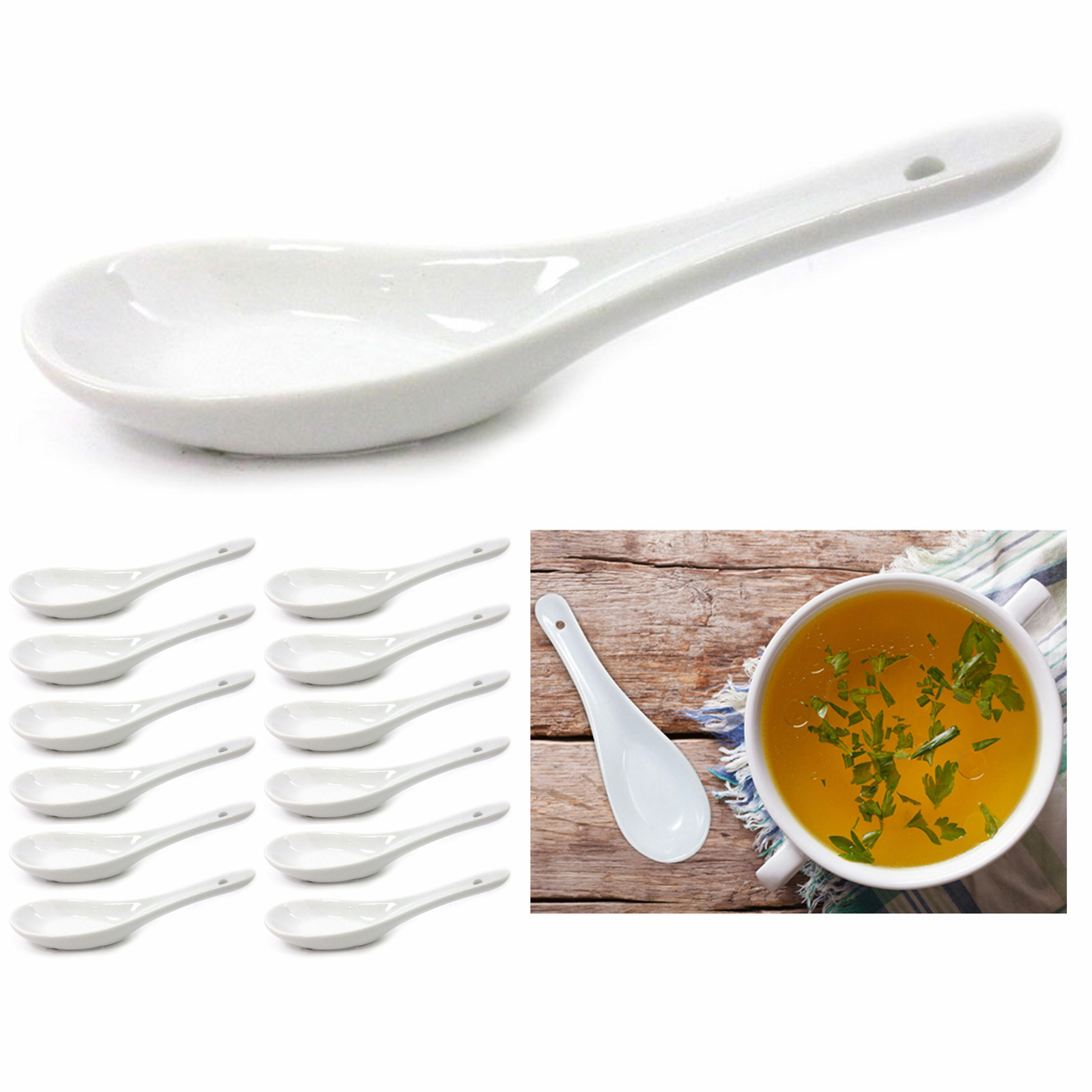 12 Pc Chinese White Ceramic Appetizer Spoon Canape Soup Thai Japanese ...