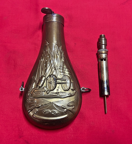 3 Gun Powder Flasks - Colt w/ Cannon, Flags & Crossed Rifles, Scroll ...