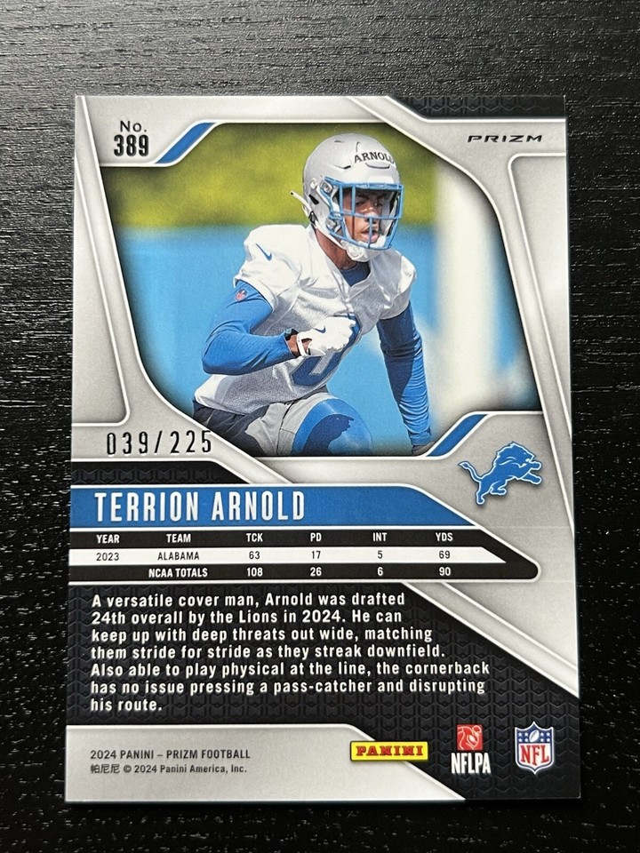2024 Panini Prizm TERRION ARNOLD Purple Ice 39/225 Rookie Card #389 ...