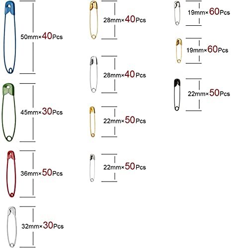 7 Sizes Large and Small Safety Pins Assorted 19mm 22mm 28mm 32mm 500 ...
