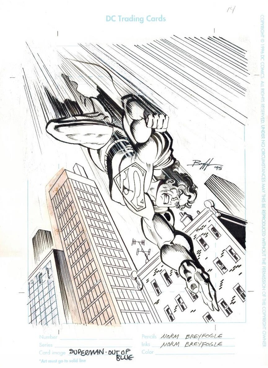 NORM BREYFOGLE 1996 SUPERMAN CARD ORIGINAL ART PAGE MAN OF STEEL FLY DC ...