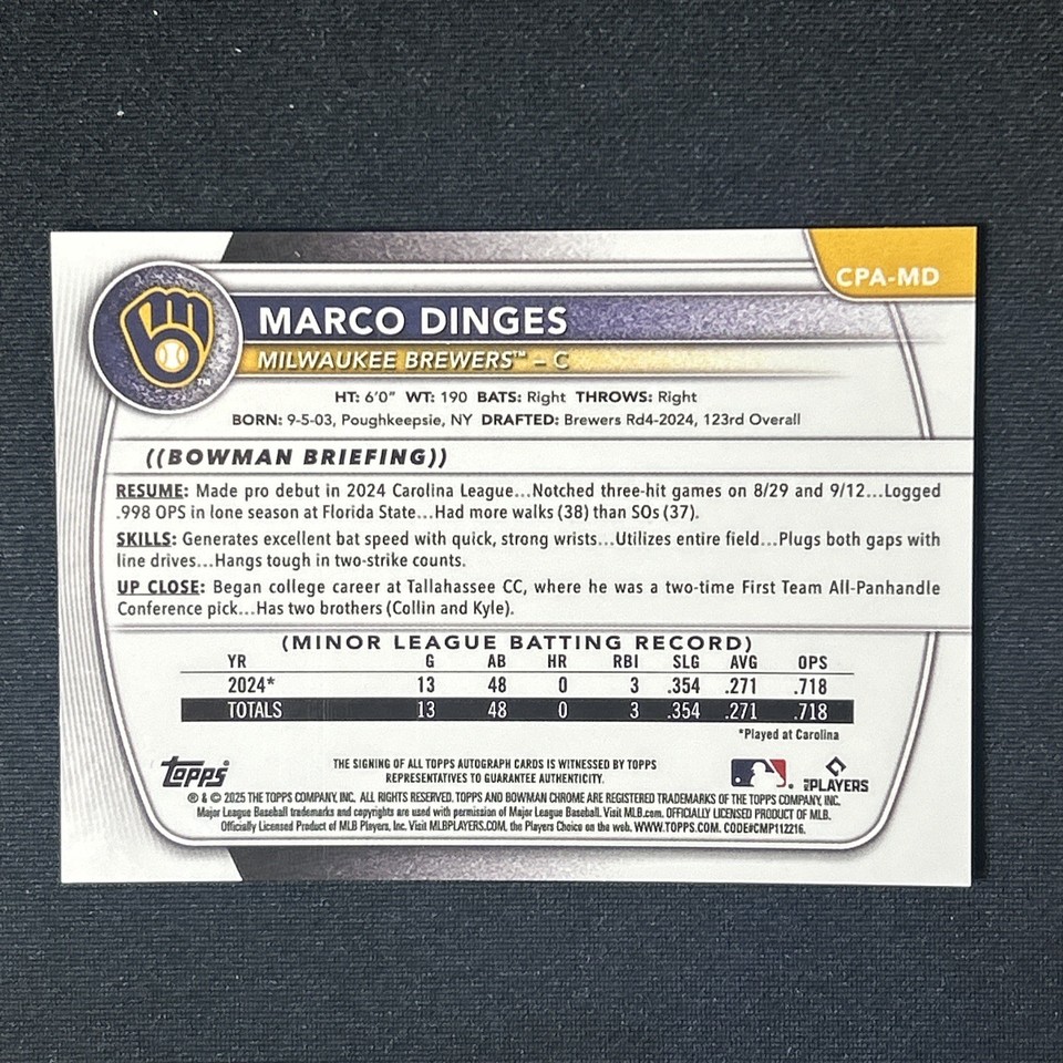 2025 Bowman Chrome Marco Dinges RC Auto Milwaukee Brewers #CPA-MD | eBay