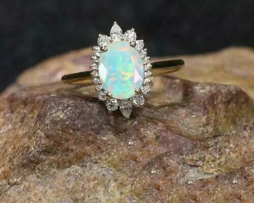 2 Ct Oval Cut Lab Created Fire Opal Vintage Wedding Ring 14K Yellow ...