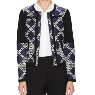 TRINA TURK Navy Blue Geometric ALVERA BOMBER Zipper-Front Zip Cuff ...