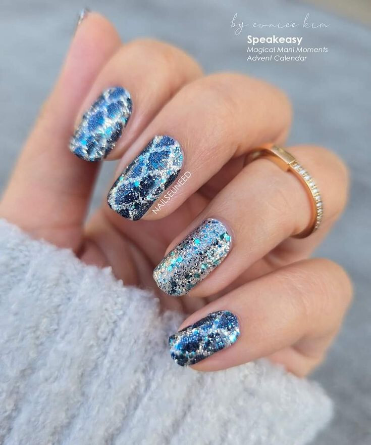 Blue And Silver Glitter Nails