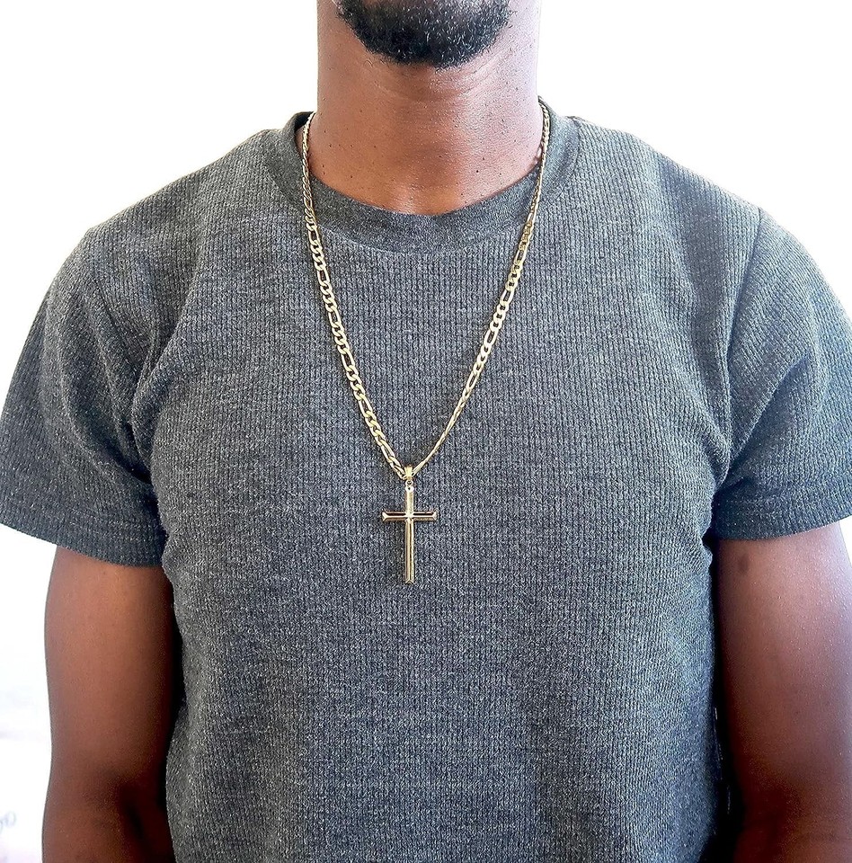24K Gold Figaro Chain Style Cross Pendant Necklace 5MM Cross Necklace ...