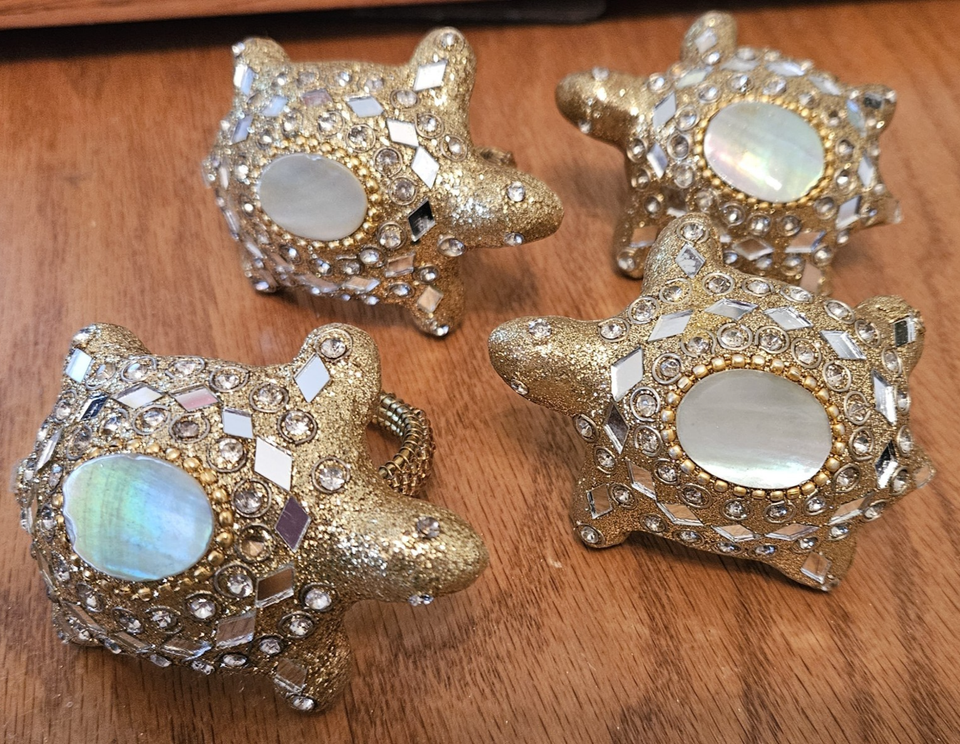 Gold Metallic Turtle Shaped Ornate Bling Napkin Rings Rhinestones Set ...