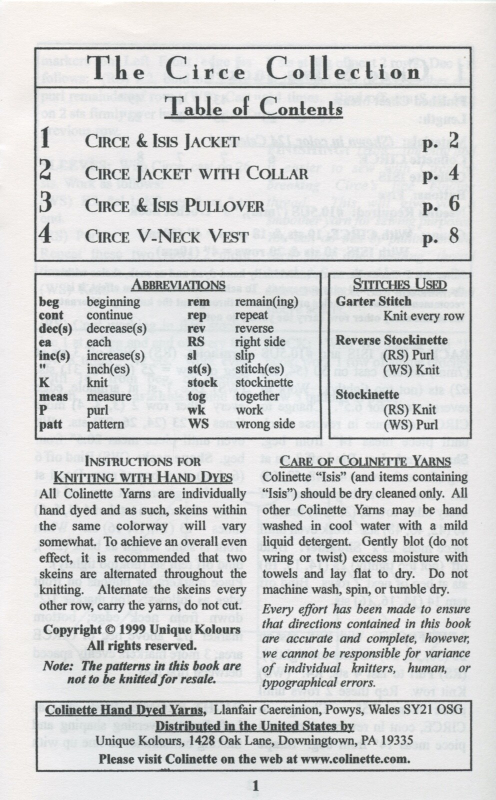 COLINETTE Knitting Pattern Booklet - The Circe Collection - 4 Designs ...