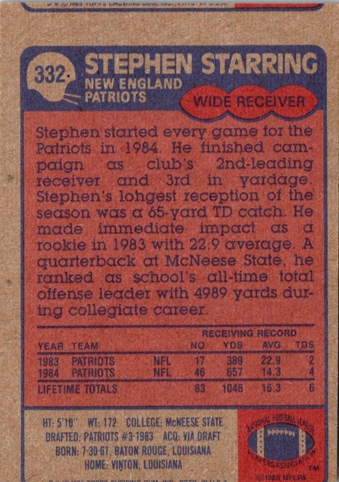 1985 Topps Stephen Starring #332 New England Patriots Football Card | eBay