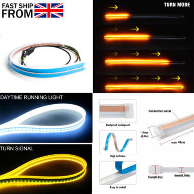 Pair Car LED Strip Turn Signal DRL Daytime Running Light Sequential ...