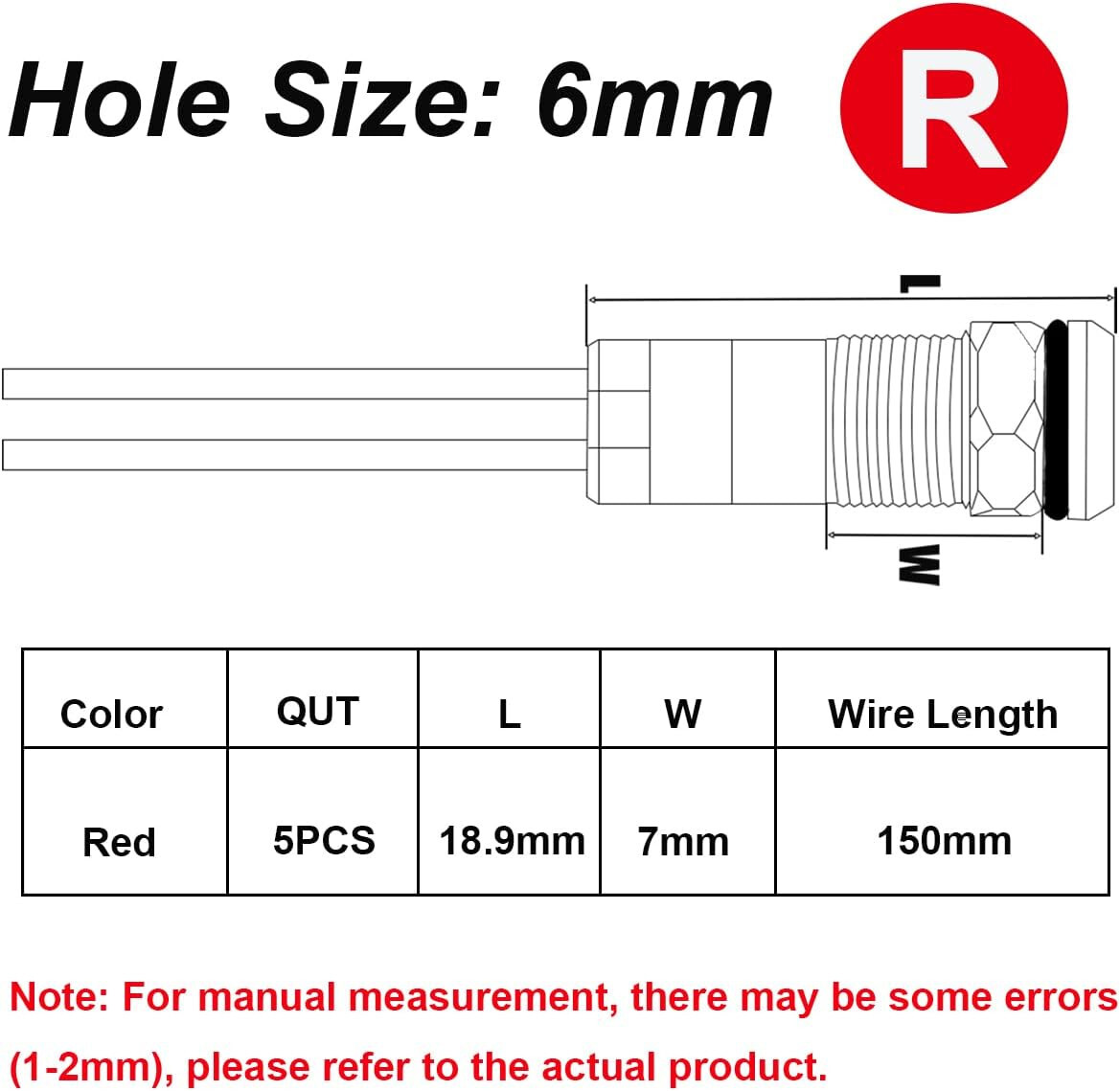 1/4'' Red 6mm LED Panel Indicator Signal Light AC/DC 12-24V Metal Pilot ...
