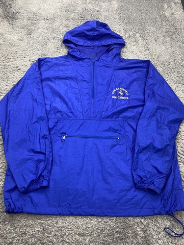 Vtg JERZEES Jacket Adult 3XL Blue Hooded 1/4 Zip Pullover Windbreaker ...