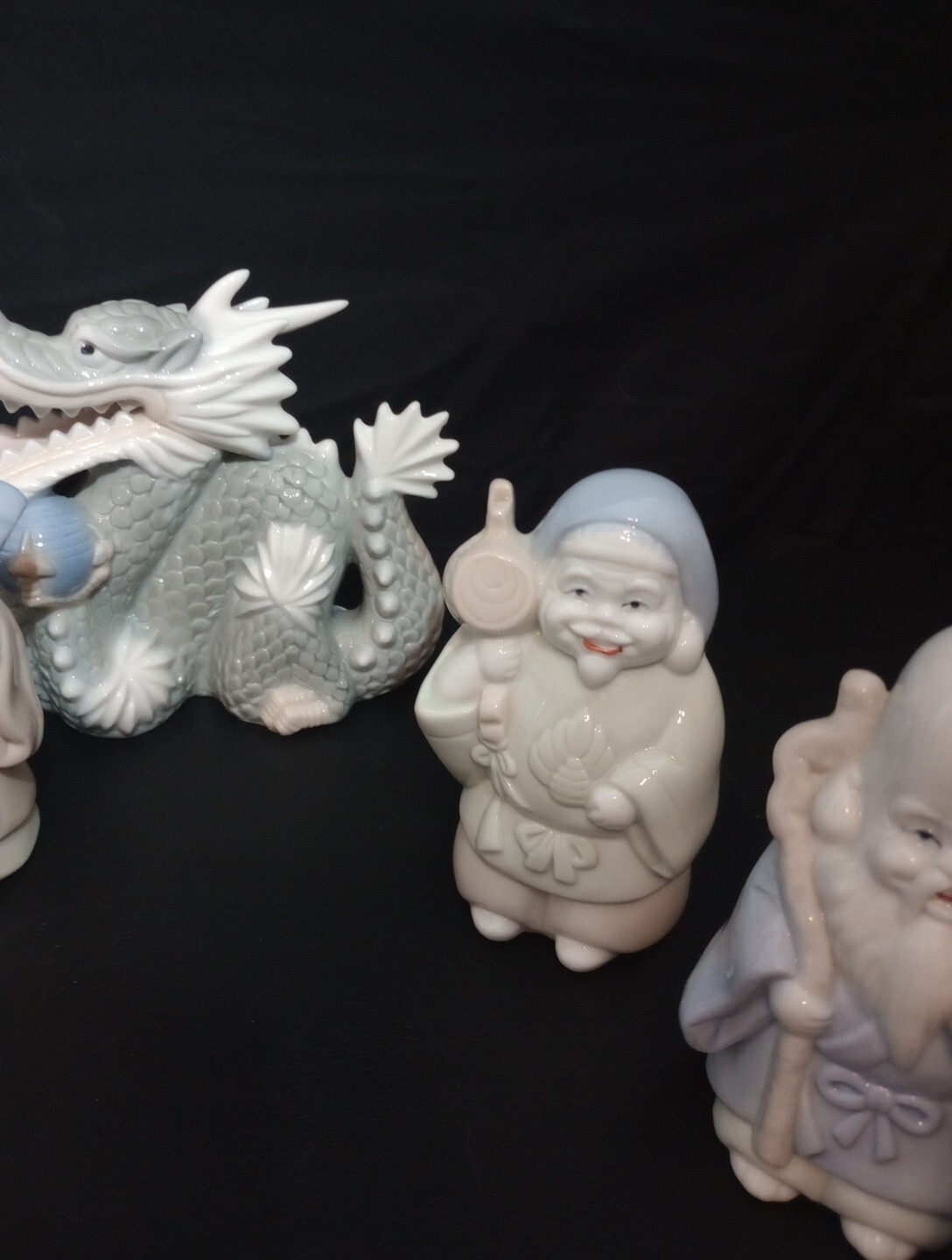 Pair of Yashimi K Porcelain Light Blue Dragon & 7 Lucky Gods Figurines ...