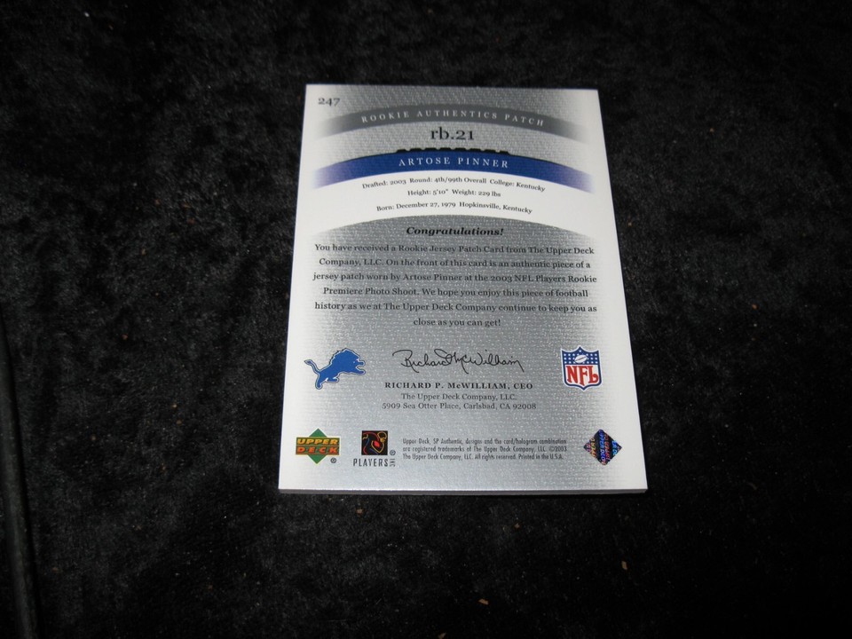 2003 SP Authentic Football Card #247 Artose Pinner Rookie PATCH | eBay